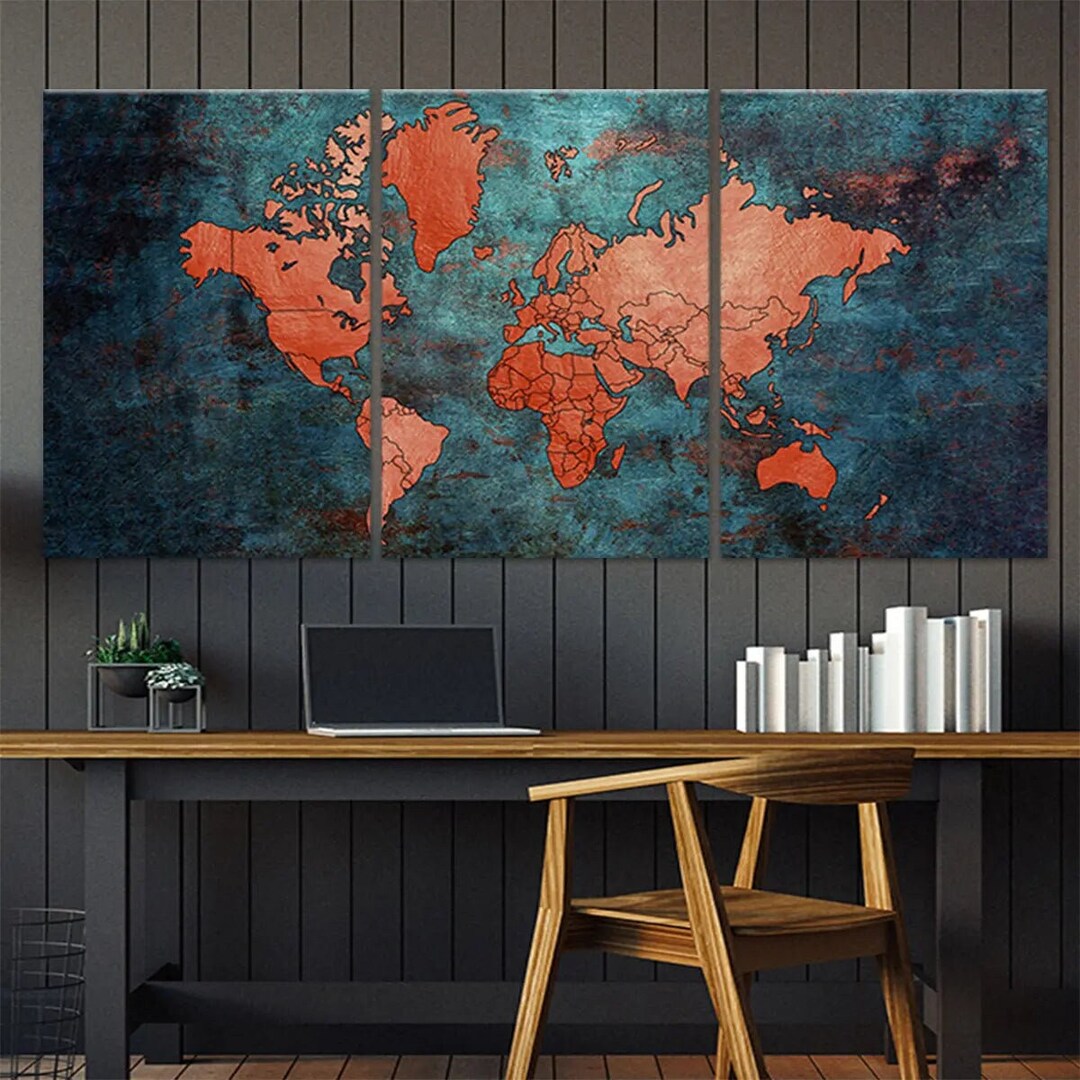 Vintage World Map Canvas Print Rustic Copper Tones on Turquoise Patina ...