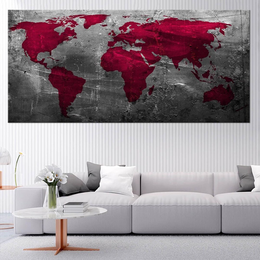 World Map Wall Art, Large Red World Map Canvas Print, Industrial Modern ...