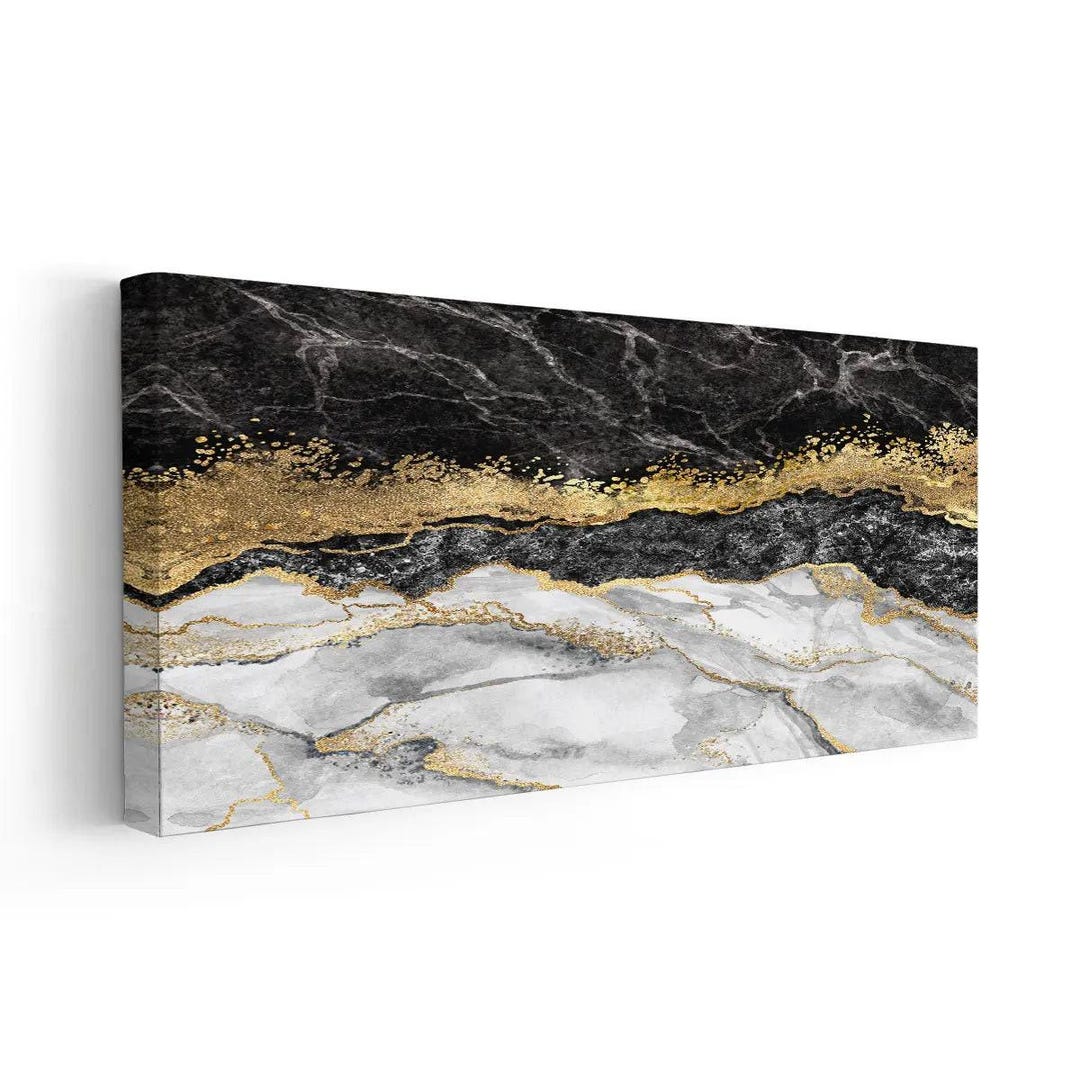 Modern Abstract Art Marble Texture Canvas Print, Large Black Gold ...