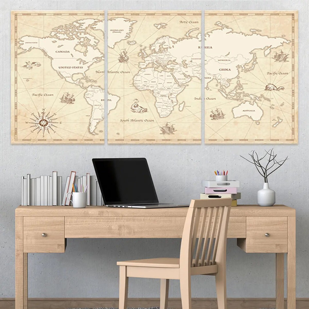 Elegant Beige World Map Canvas Art Neutral Toned Vintage Geography Wall ...