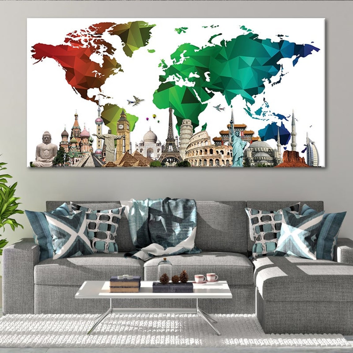 World Map Wall Art Colorful World Map Horizontal Wall Art - Etsy