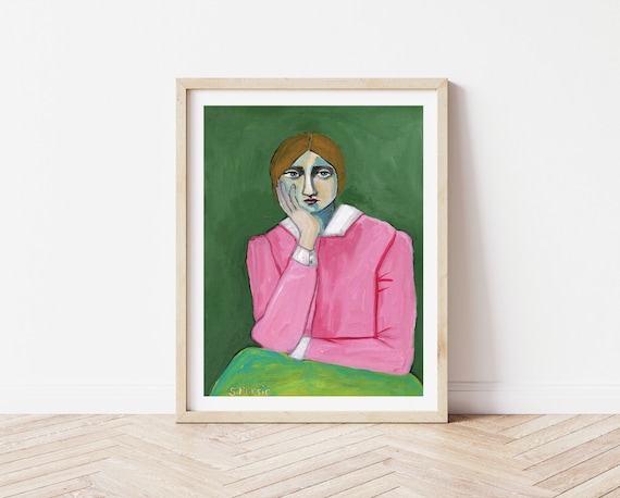 Art Print A4 or A5 Vintage Lady Looking Thinking in Pink - Etsy