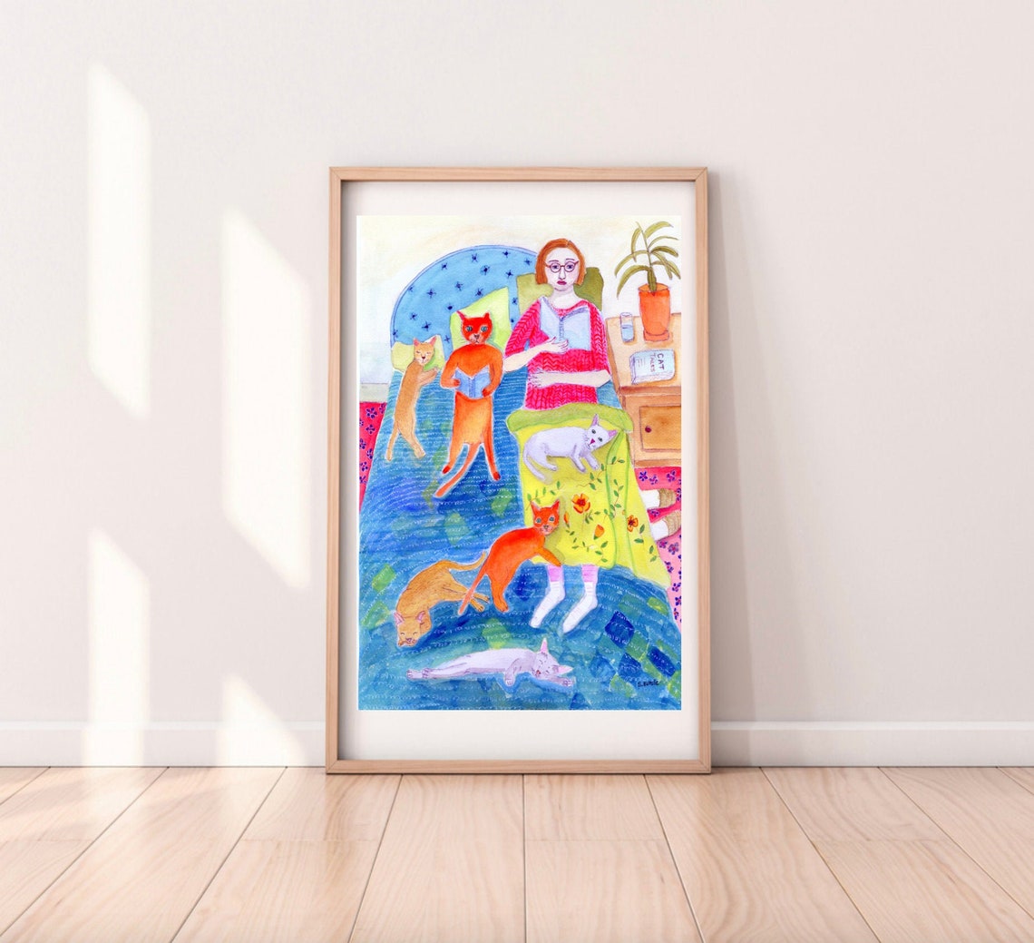 Art Print Crazy Cat Lady Whimsical Art Humour Quirky Art Orange Cat - Etsy