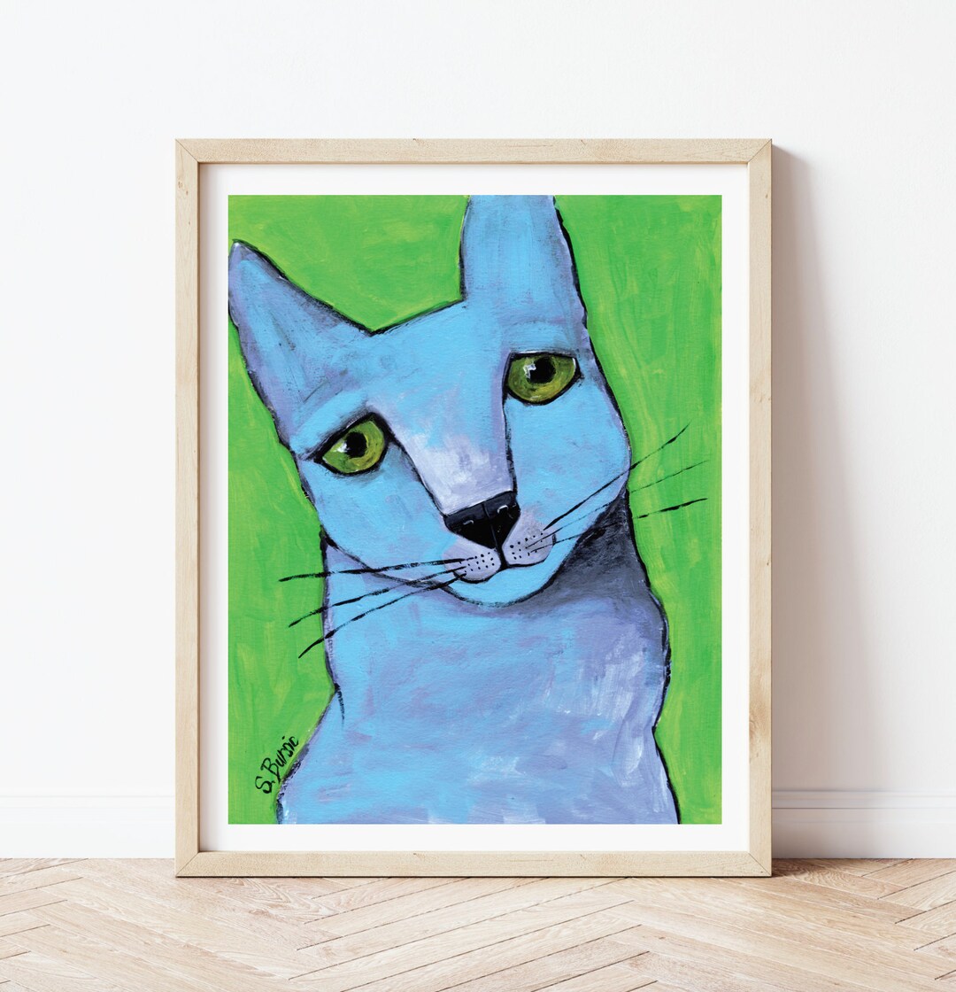 Art Print A4 A5 or A6 Blue Cat Artwork Quirky Fun Cat Crazy Cat Lady - Etsy