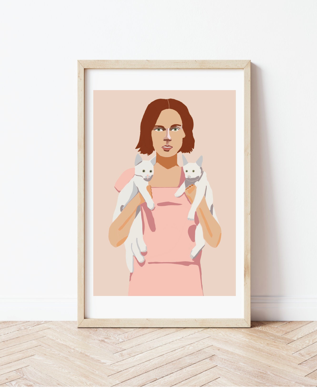 A4 A5 or A6 Art Print Cat Lady in Pink 2 White Cats - Etsy