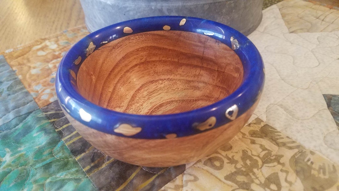 Fallen Tree Small Honey Locust Bowl With Blue Resin and Metal Nuggets ...