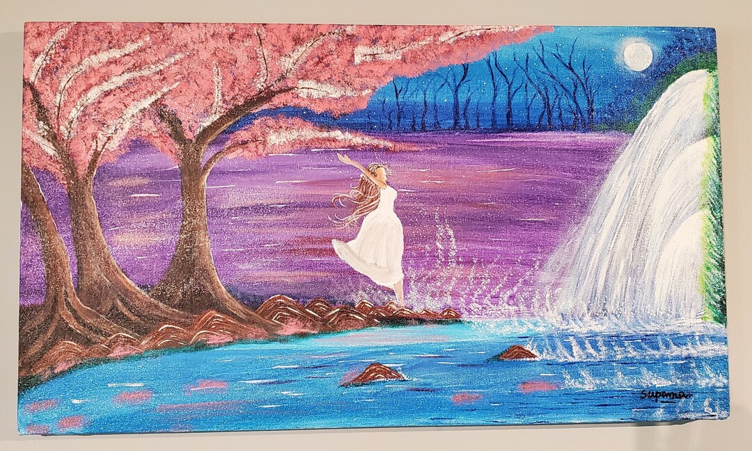 Hand Painted Full Moon by the Waterfall - Etsy