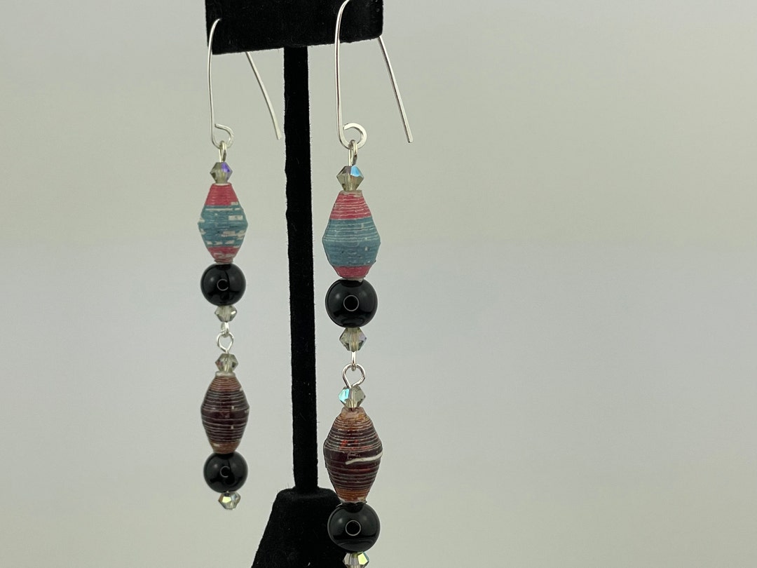 3.5" Earrings~handmade Recycled Paper Beads of Uganda, Natural Black ...