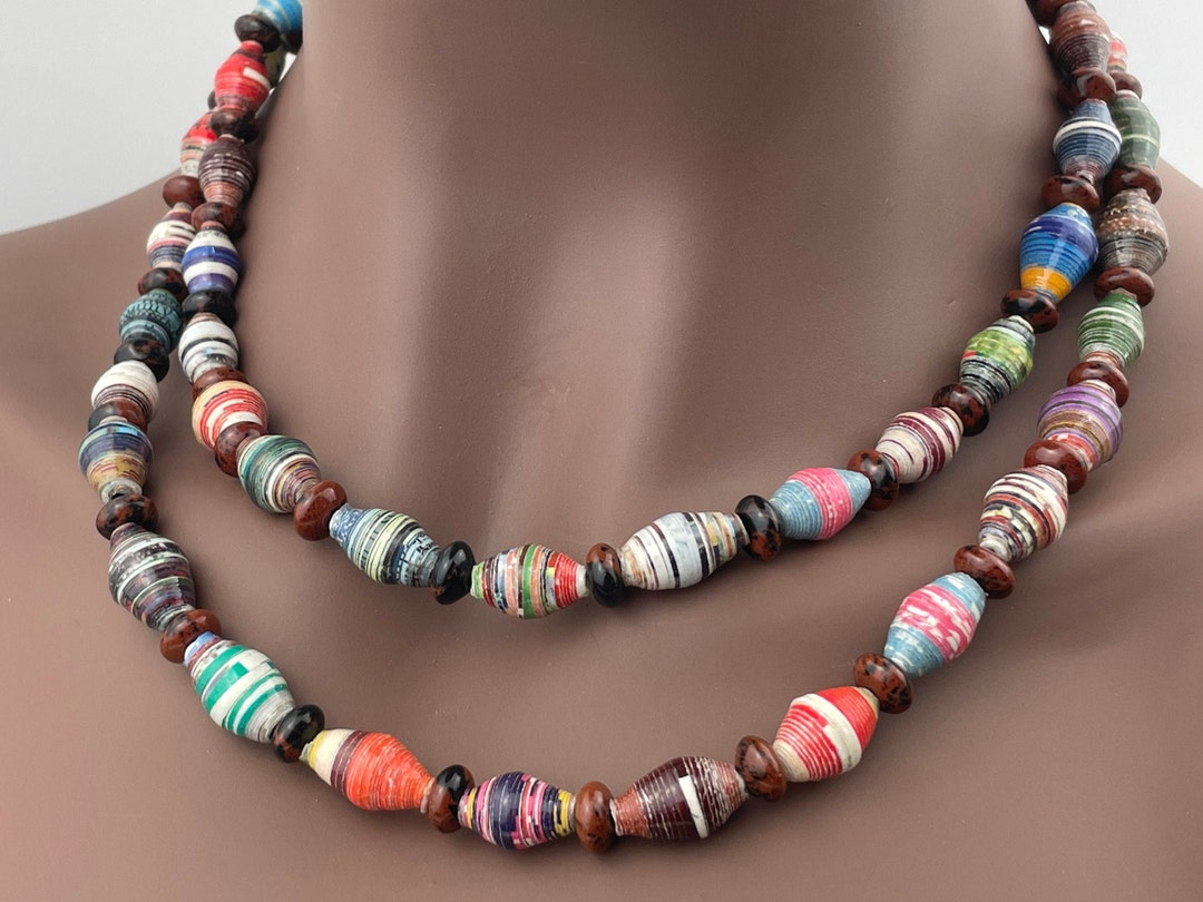 38" Wear Many Ways! Handmade Recycled Uganda Paper Beads, Natural ...