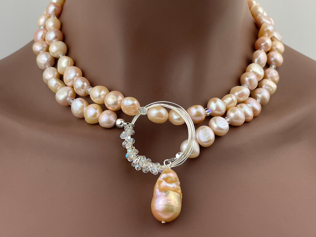 Natural Peach Baroque Pearls, Aurora Borealis Crystals, Jumbo Fireball ...