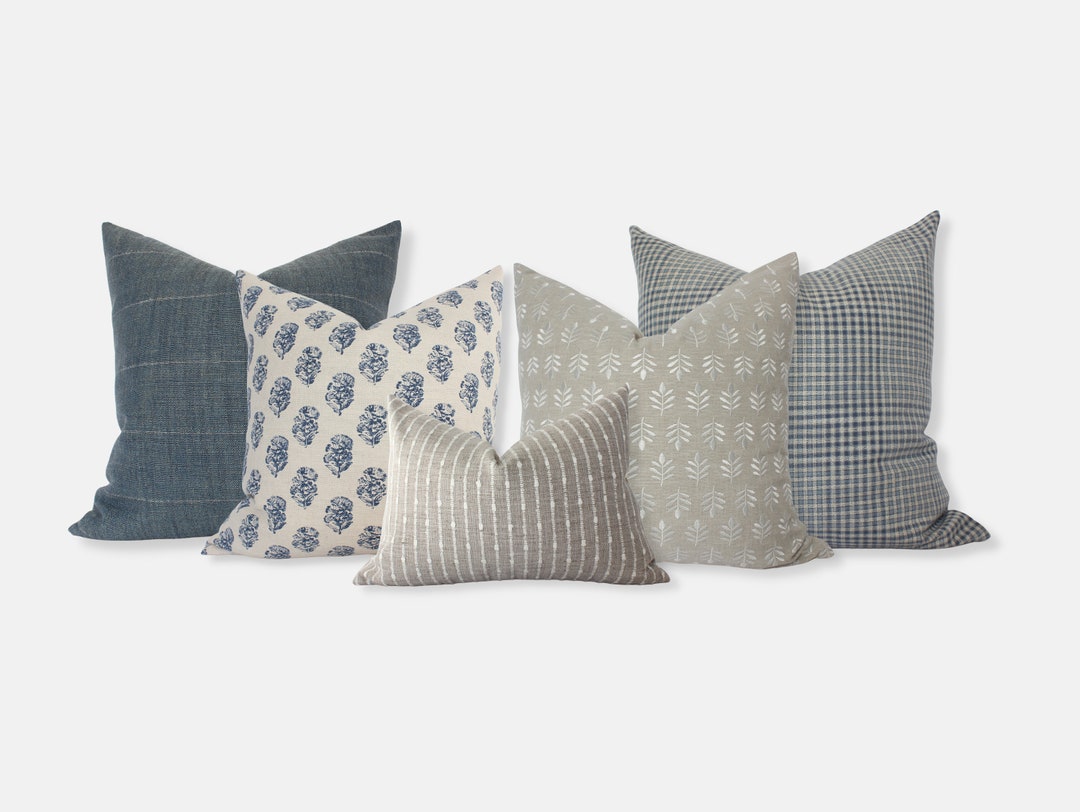 Blue Sofa Pillow Set, Blue and Cream Pillow Covers, Pillow Combination ...