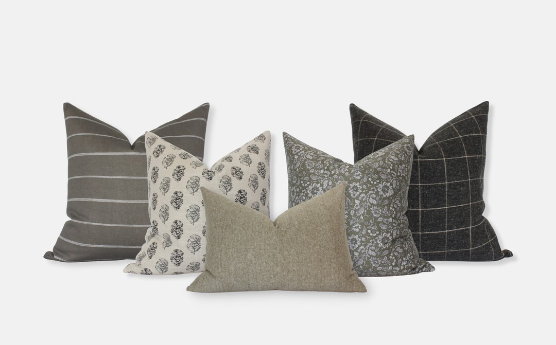 Sofa Pillow Cover Sets, Pillow Combo Set of 5, Brown Green Cream Throw ...