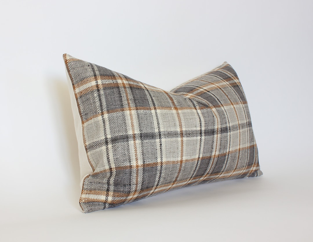Brown Plaid Lumbar Pillow, Windowpane Beige Lumbar Cushion, Cream Gray ...