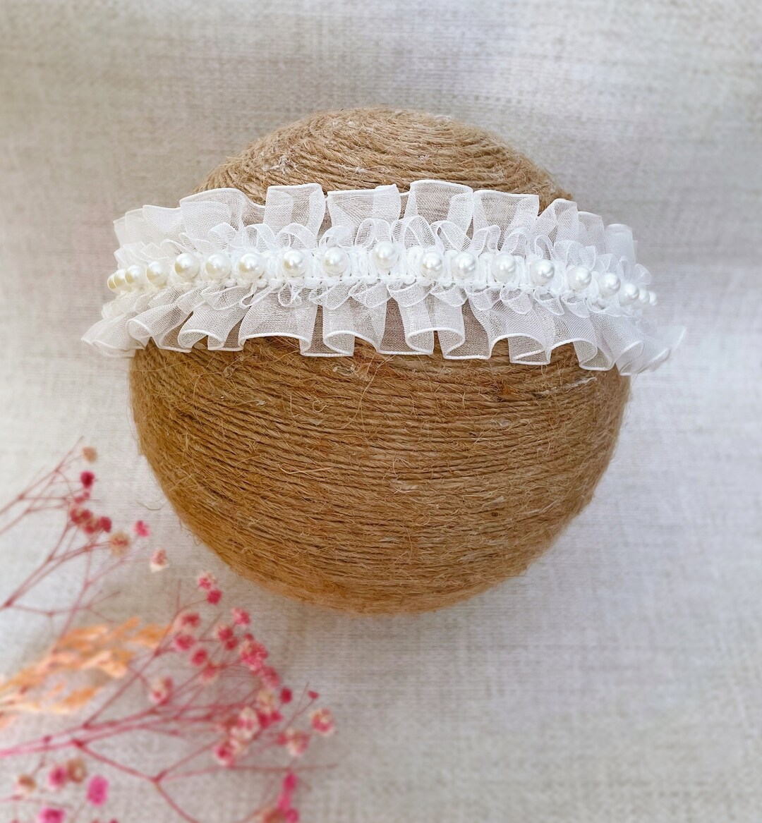 Baptism Headband in OFF WHITE, Ruffle Headband With Pearls, Christening ...