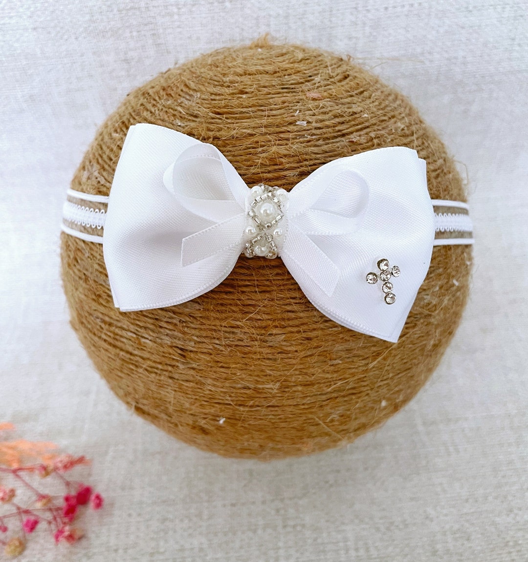 Baby Baptism Headband in PURE WHITE, Christening Headband With Satin ...