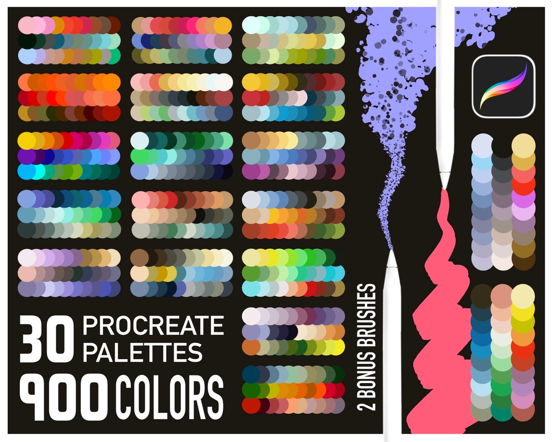 30 Procreate Color Palettes 900 Colors Bundle / 2 Procreate Brushes ...