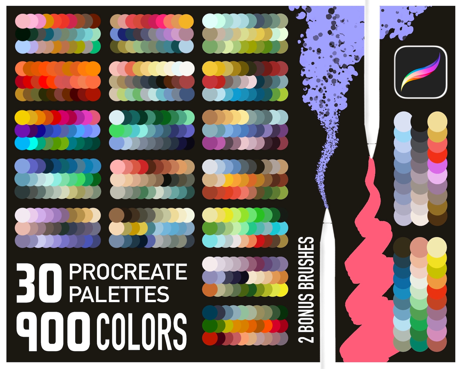 30 Procreate Color Palettes 900 Colors Bundle / 2 Procreate Brushes ...
