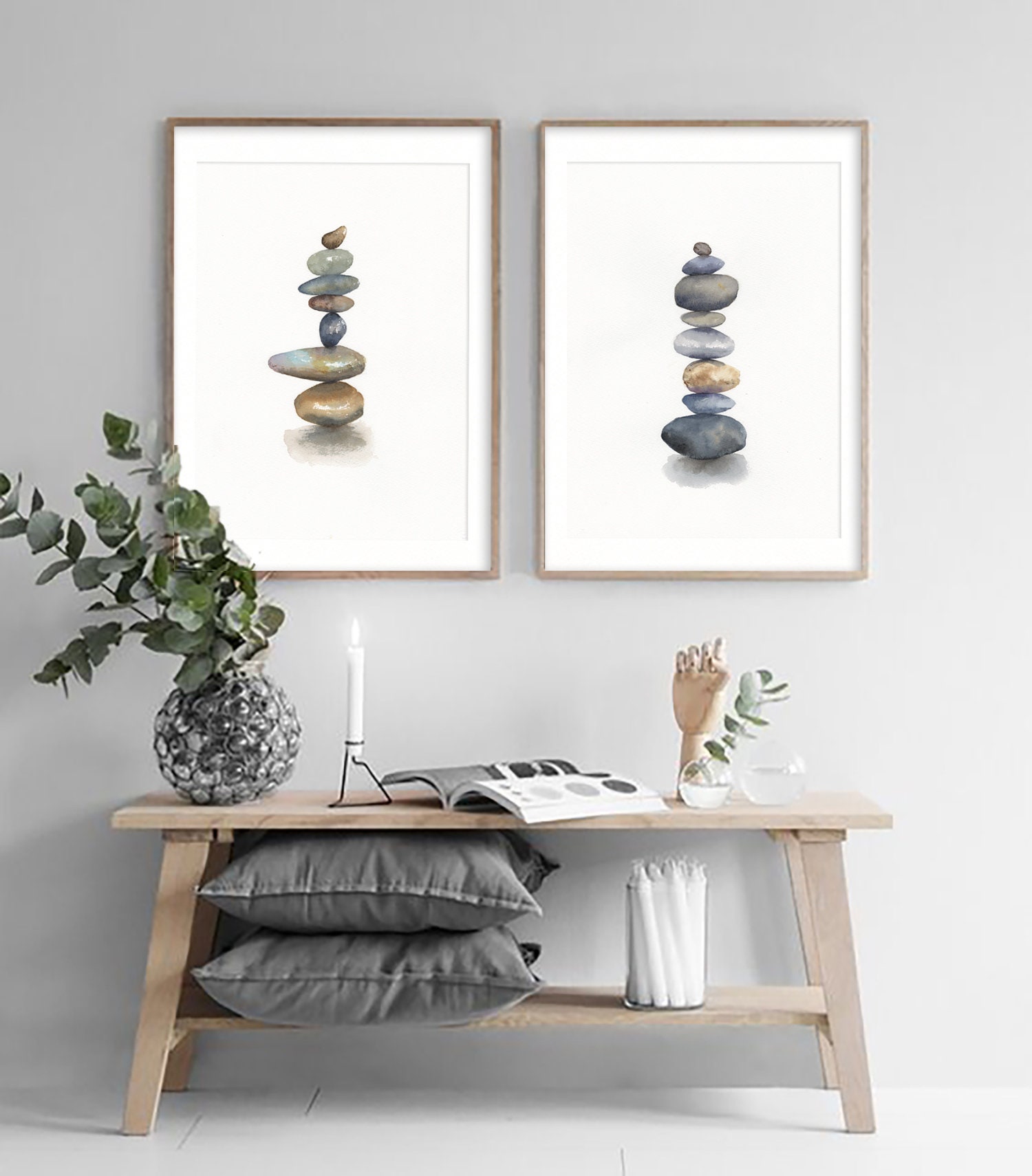 Set of 2 Stacked Rocks Watercolour Paintings Prints, Zen Pebbles ...