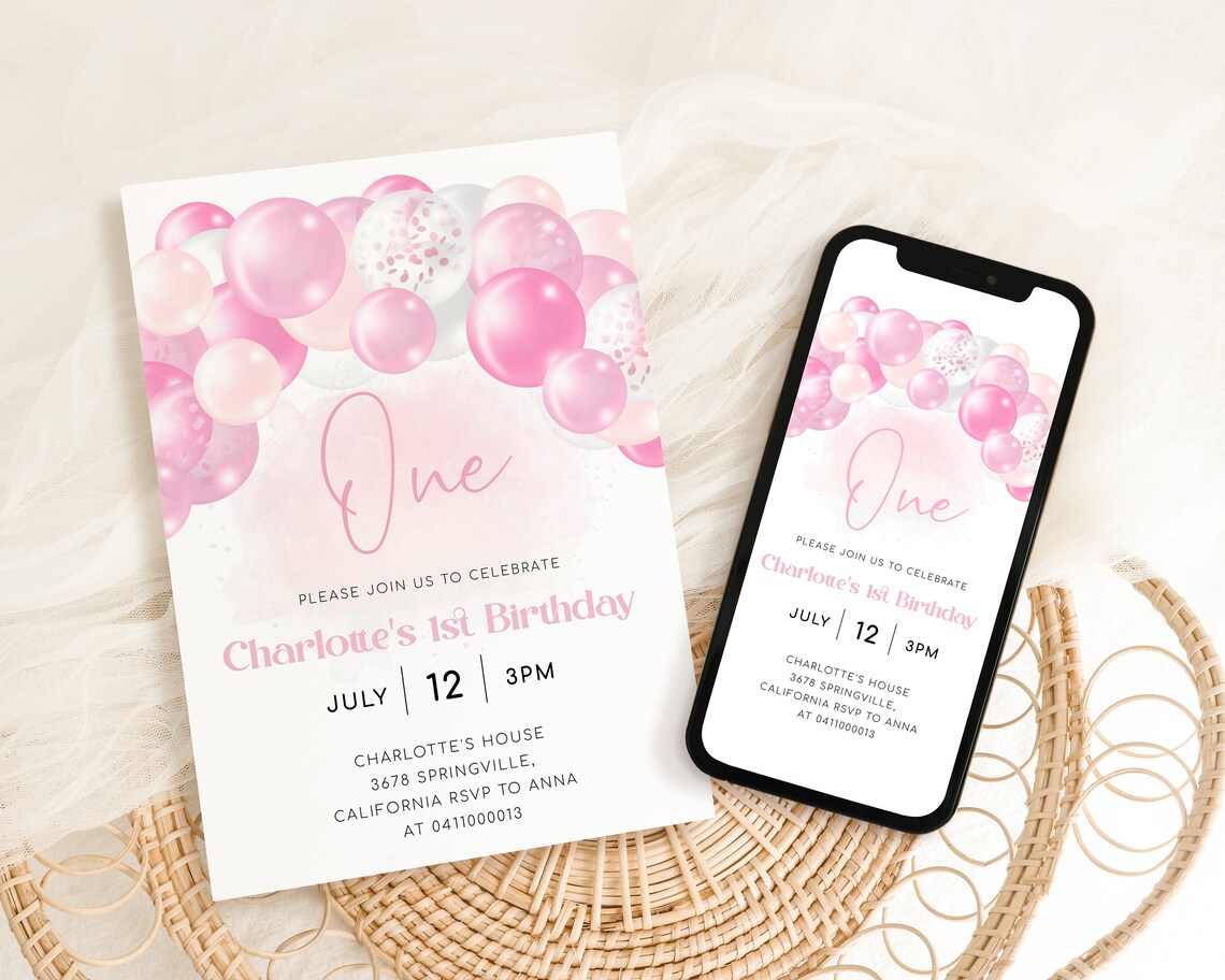 Ist Birthday Girl Pink Balloon Corjl INSTANT Download Editable, 1st ...