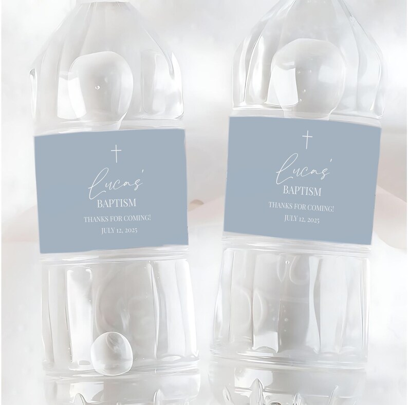 Dusty Blue Baptism Water Bottle Label: Printable Christening Stickers ...