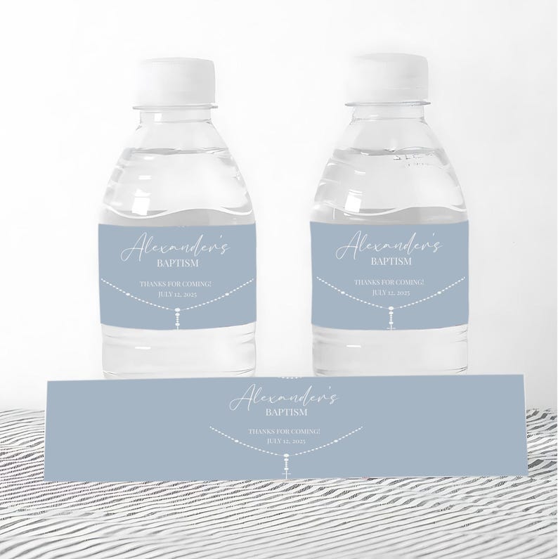 Dusty Blue Baptism Water Bottle Label: Rosary Stickers (digital ...