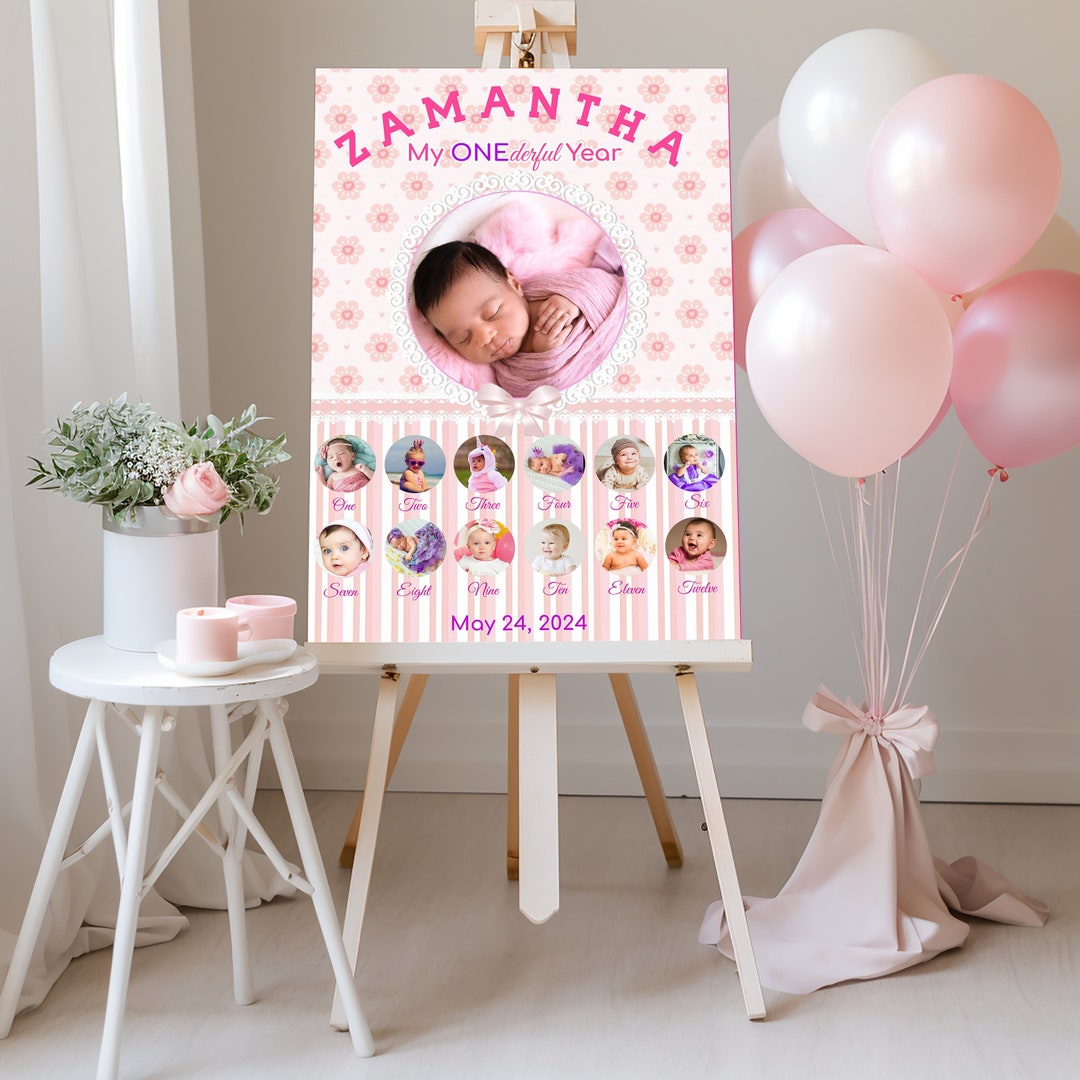 EDITABLE Baby First Year Milestone Sign, Pink Milestone Poster, One ...