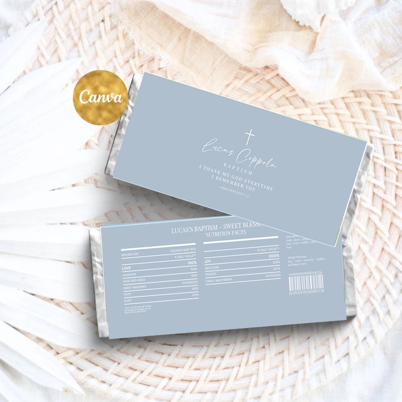 Dusty Blue Baptism Chocolate Bar Wrapper Template | Editable Hershey ...