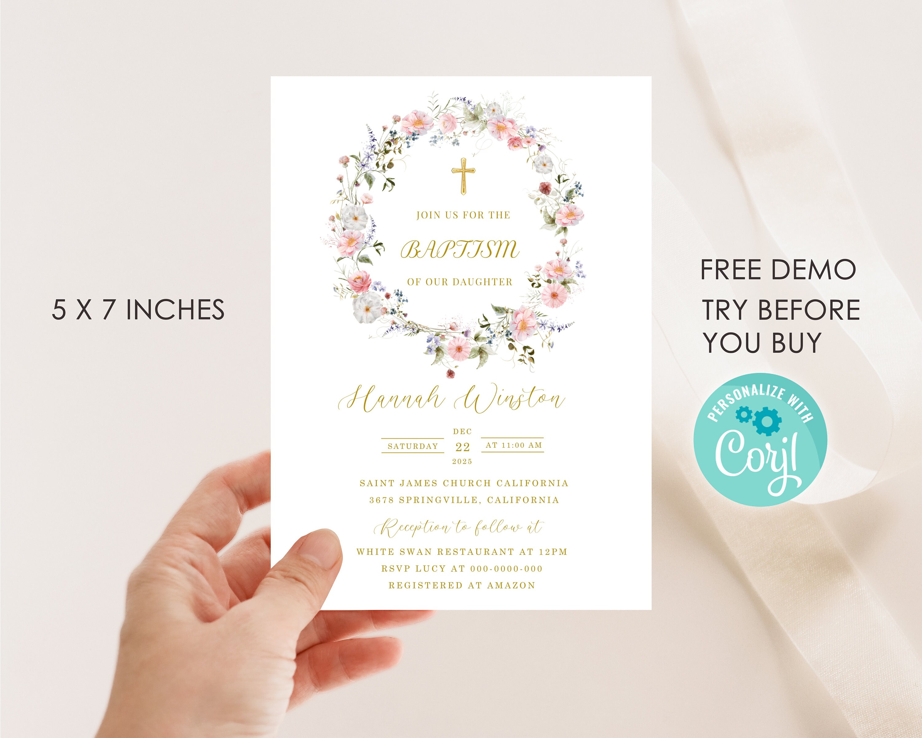 Gold Floral Baptism Invitation Digital Template, Gold Floral ...