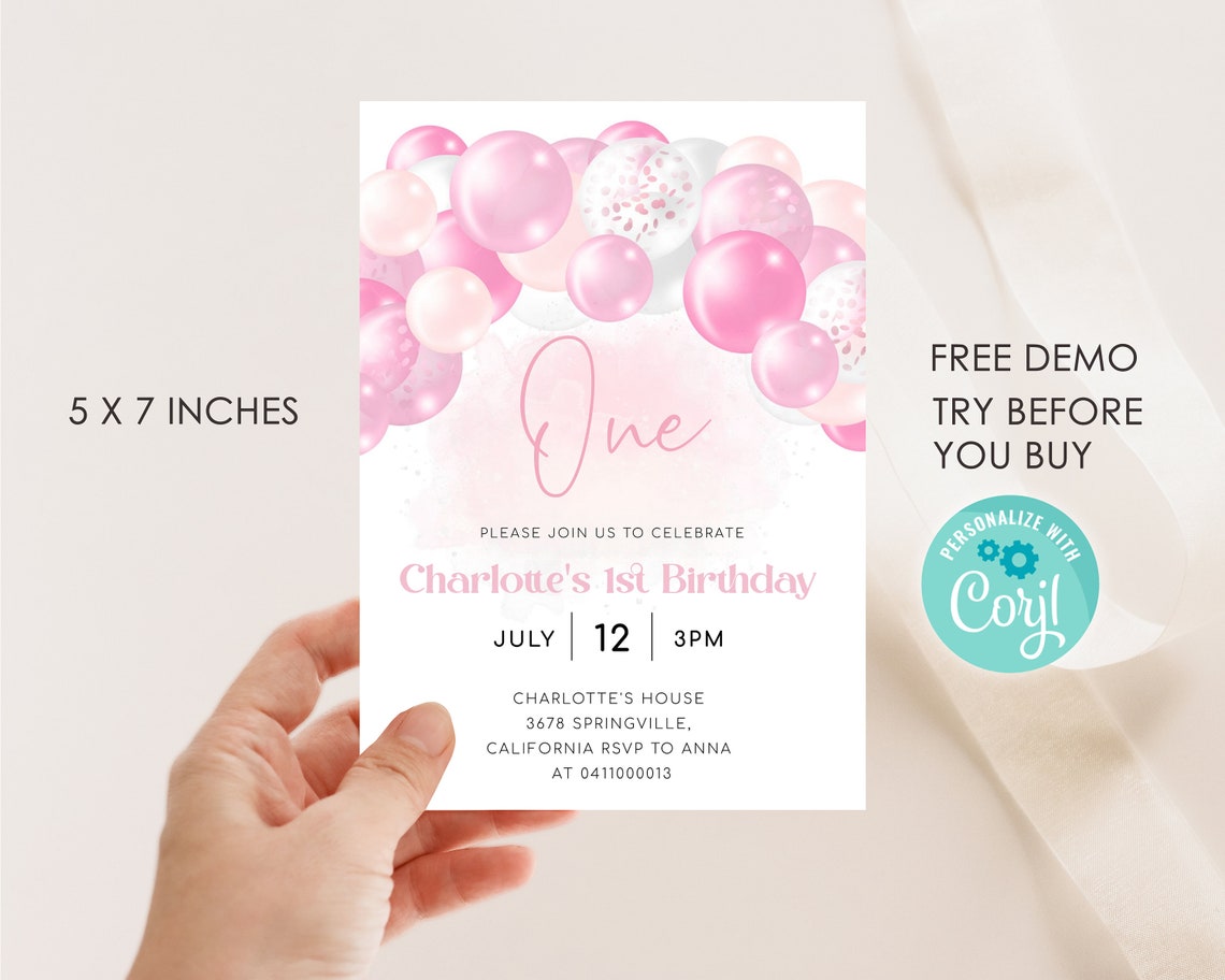 Ist Birthday Girl Pink Balloon Corjl INSTANT Download Editable, 1st ...