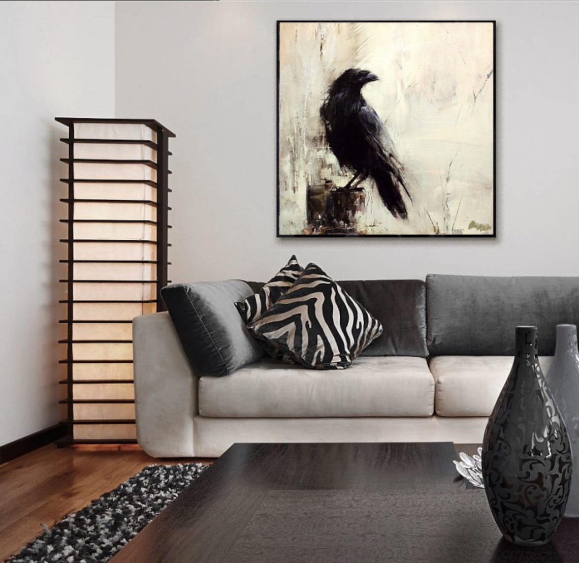 Black raven abstract painting bird painting original | Etsy