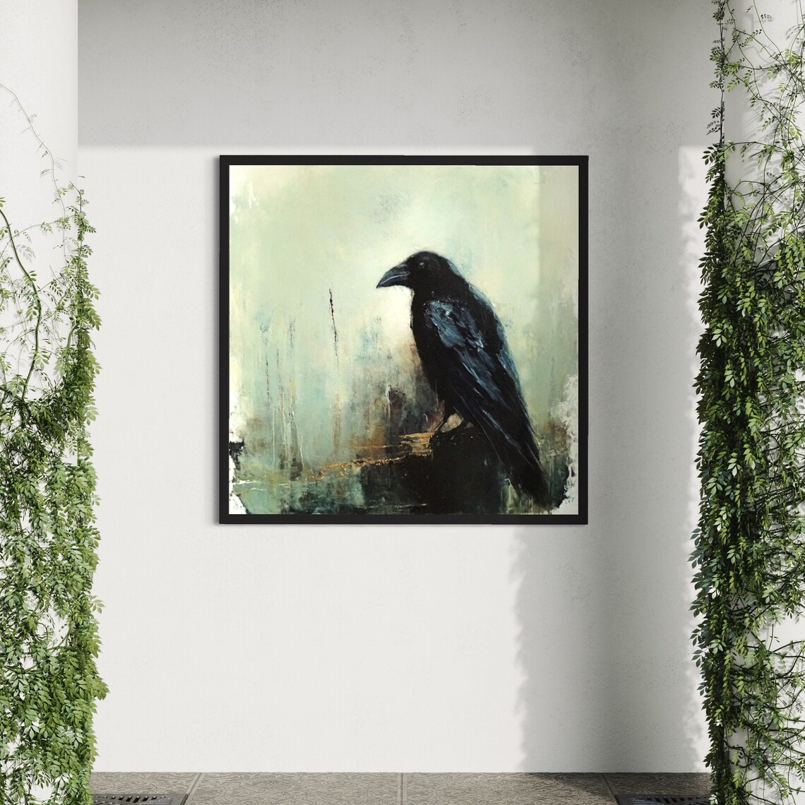 Black Raven Silhouette in Abstract Green Painting - Nature Lover Gift ...