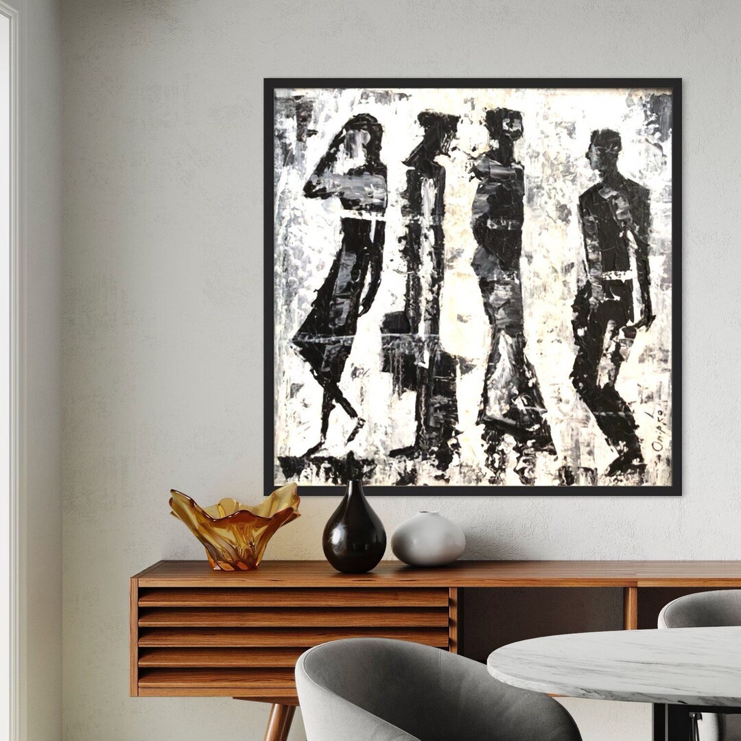 Original Painting of Abstract People on Canvas, White and Black ...
