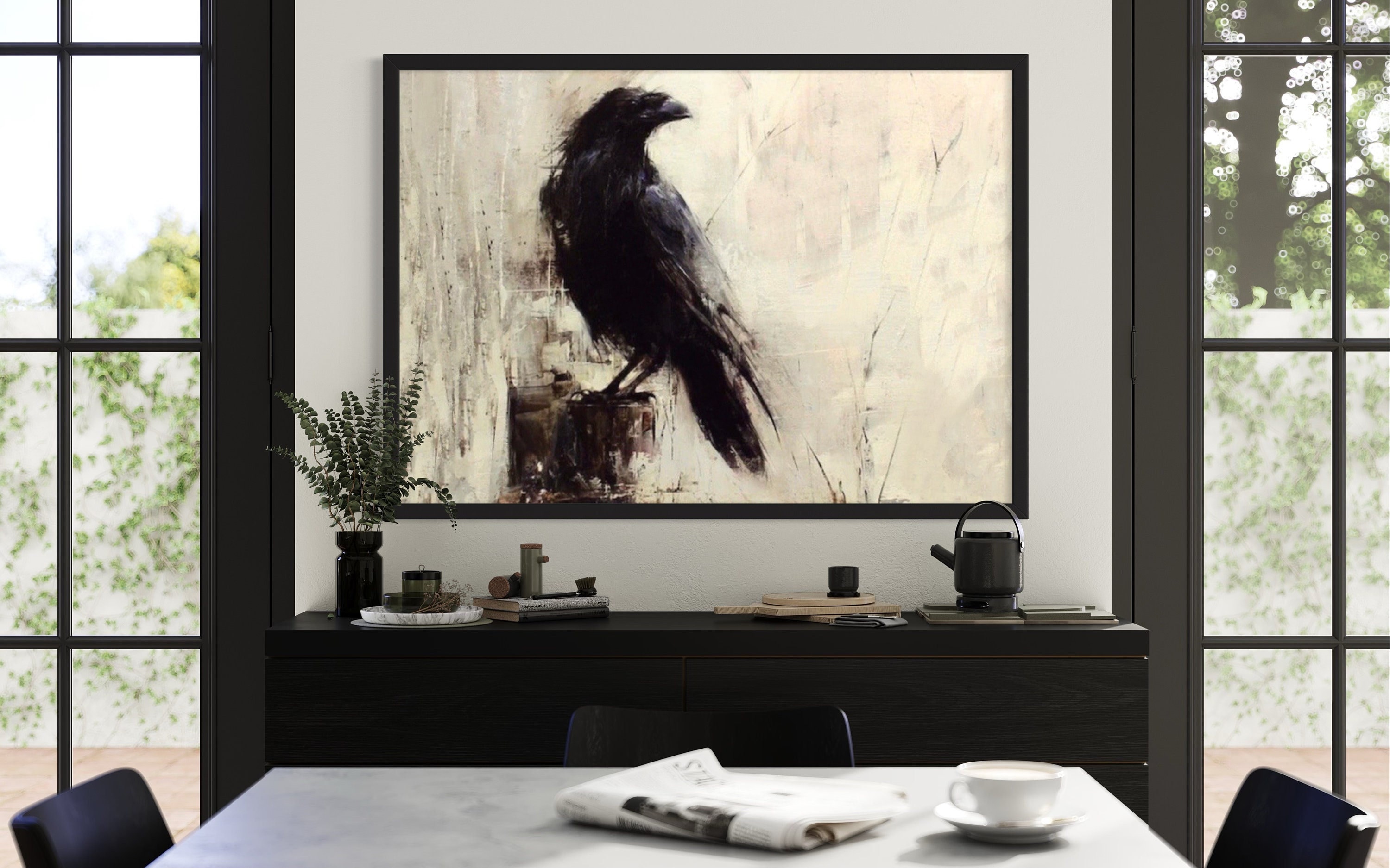 Black Raven Painting, Abstract Art With Birds, Black Raven Wall Decor ...