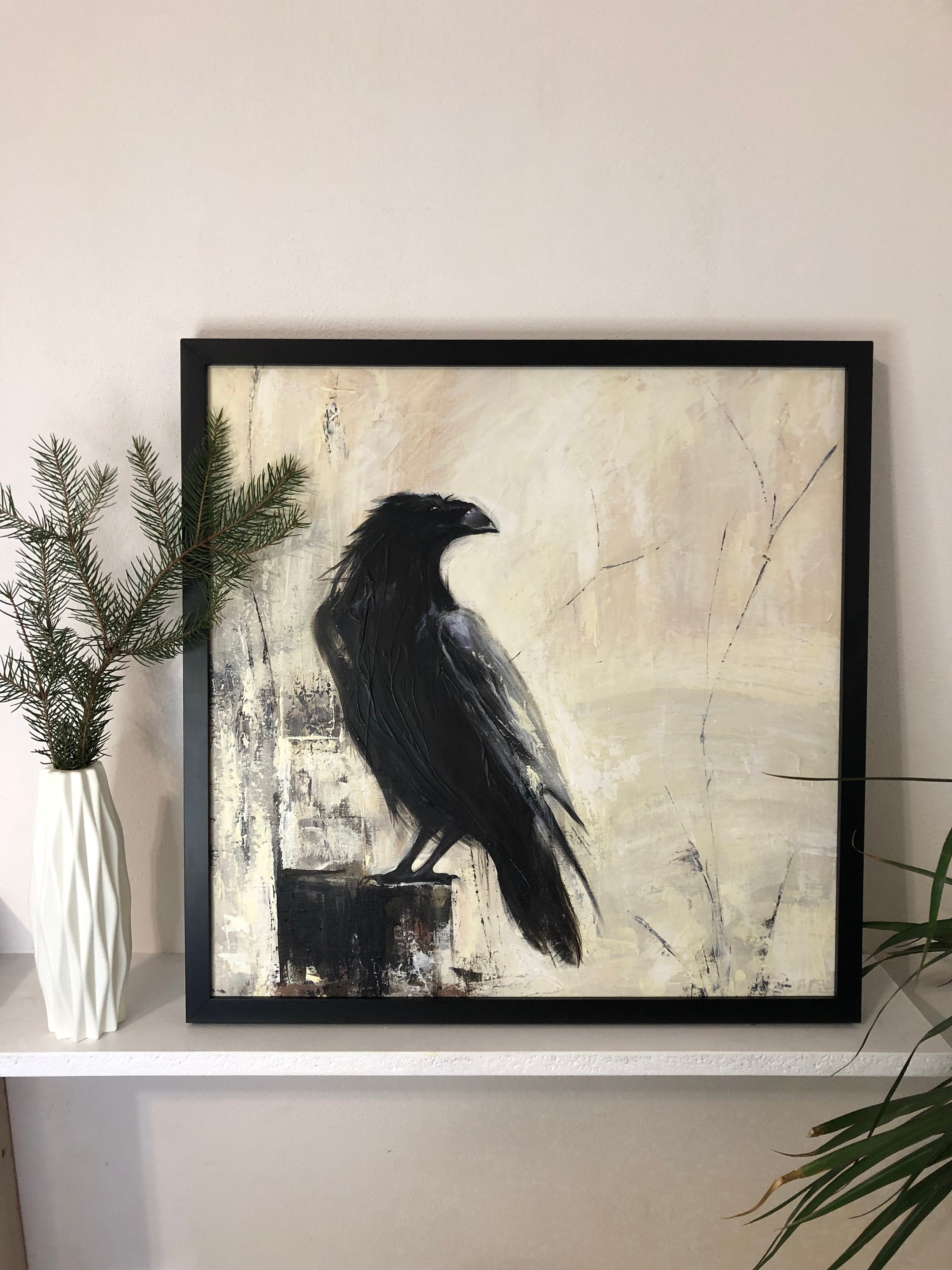 Black raven, abstract painting, bird painting, handmade on canvas sold ...