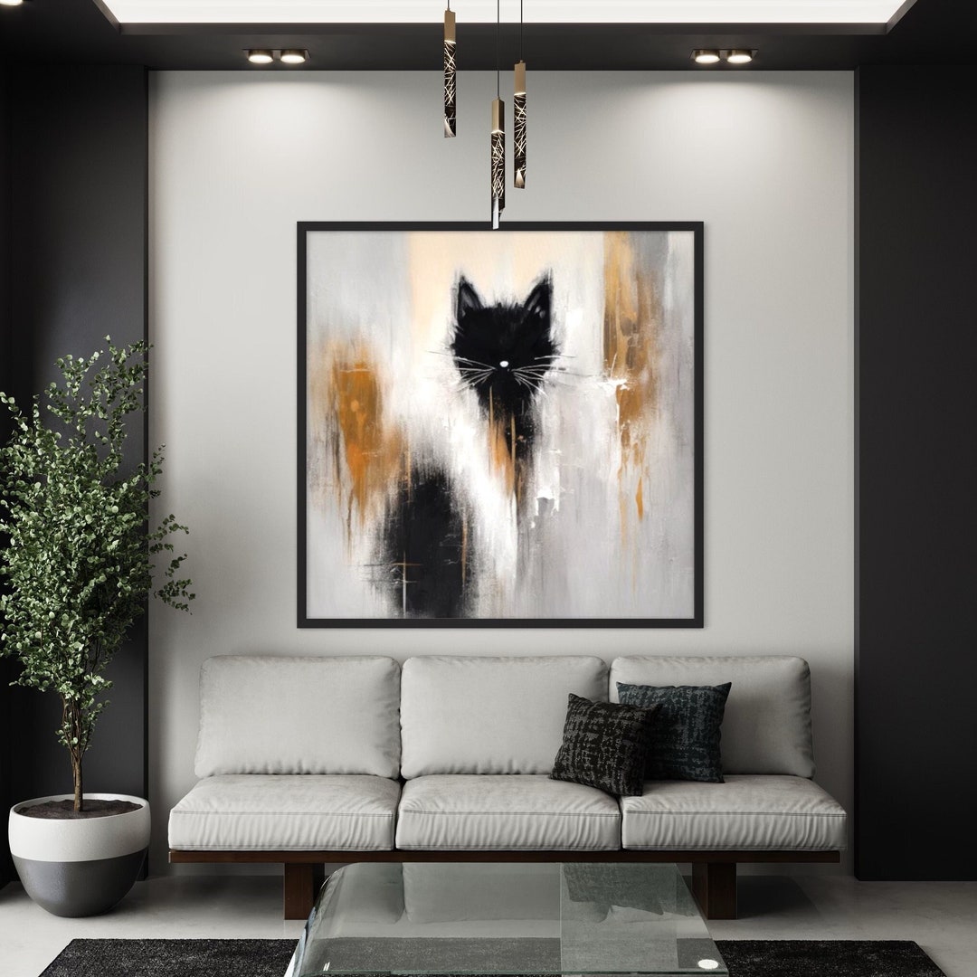 Original Black Cat Painting, Black Cat on Canvas,abstract Art With Cat ...