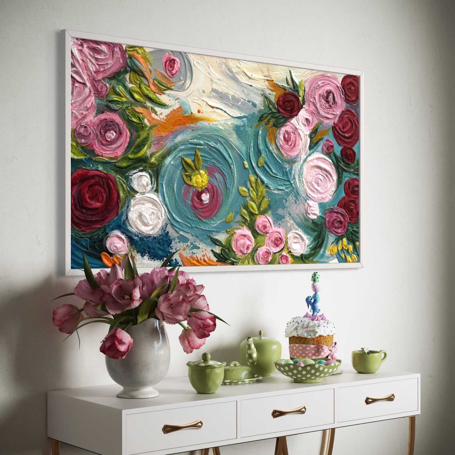 Original Pink Flower Oil Painting on Canvas, Abstract Floral Painting ...