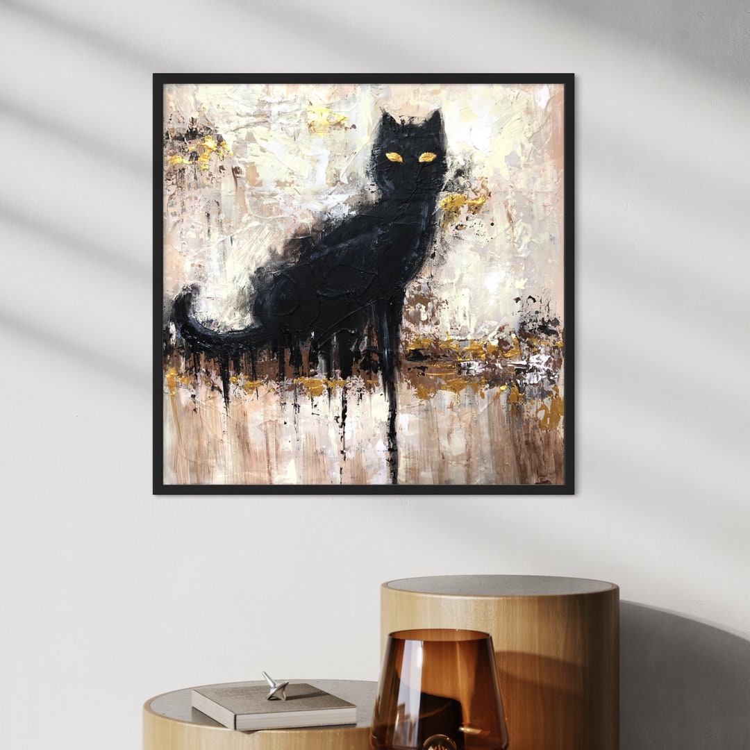 Black Cat on Canvas, Original Black Cat Painting, Abstract Art With Cat ...