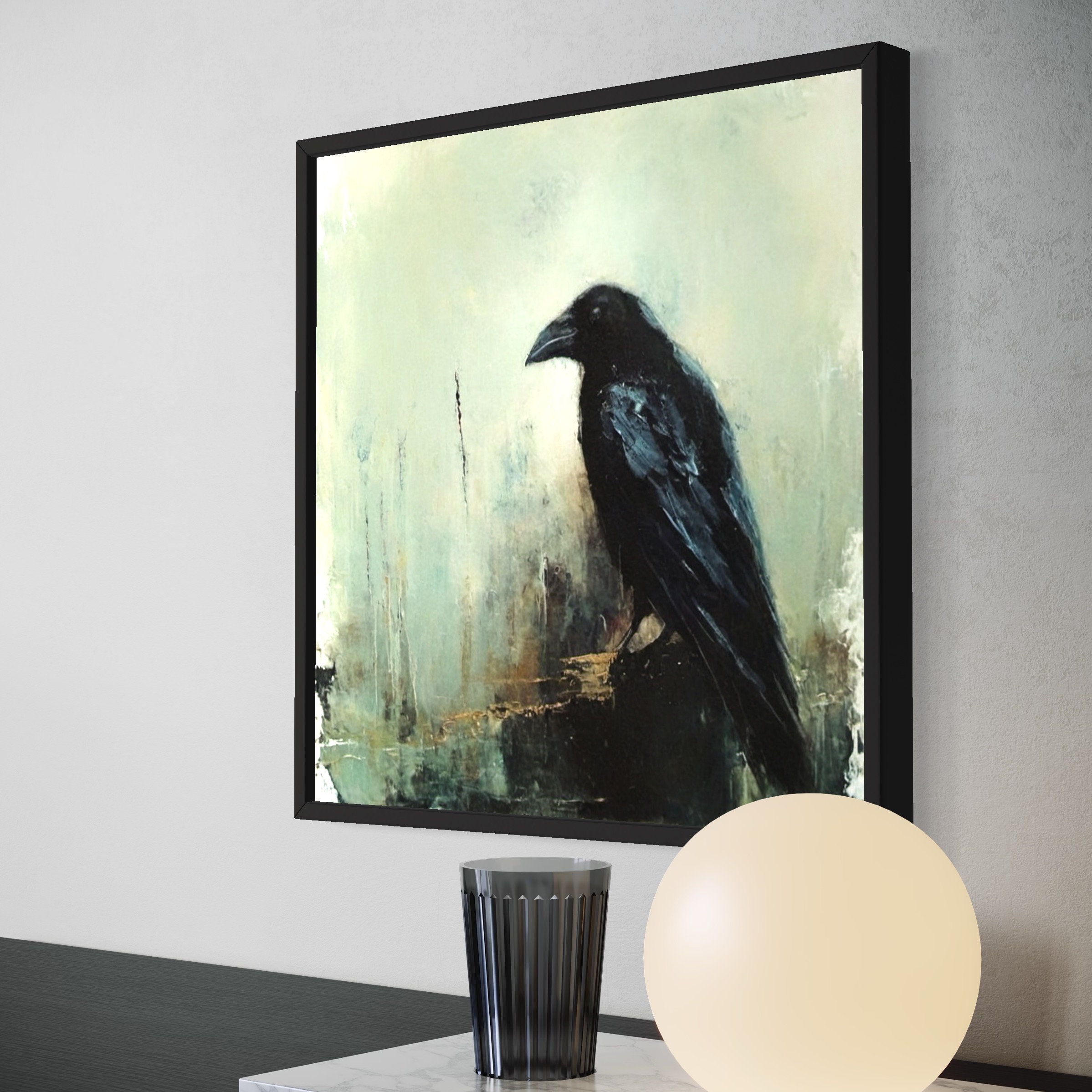 Black Raven Silhouette in Abstract Green Painting - Nature Lover Gift ...