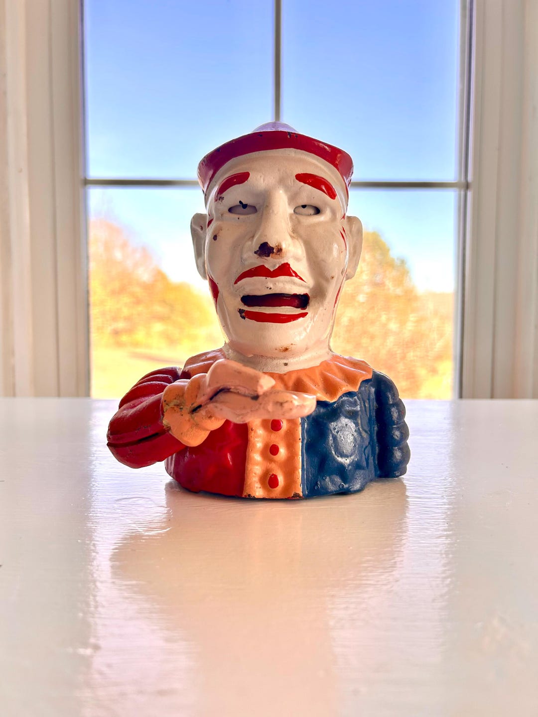 Vintage 1940s Mechanical Cast Iron Humpty Dumpty Clown Jester Coin Bank ...