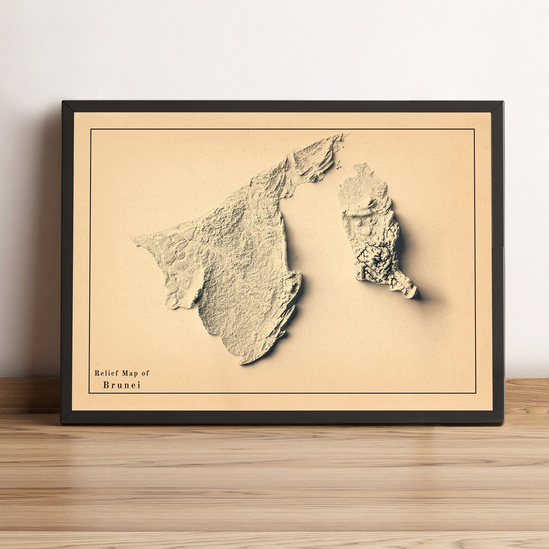 Brunei Map, Brunei 2D Relief Map, Brunei Vintage Map, Brunei Poster ...