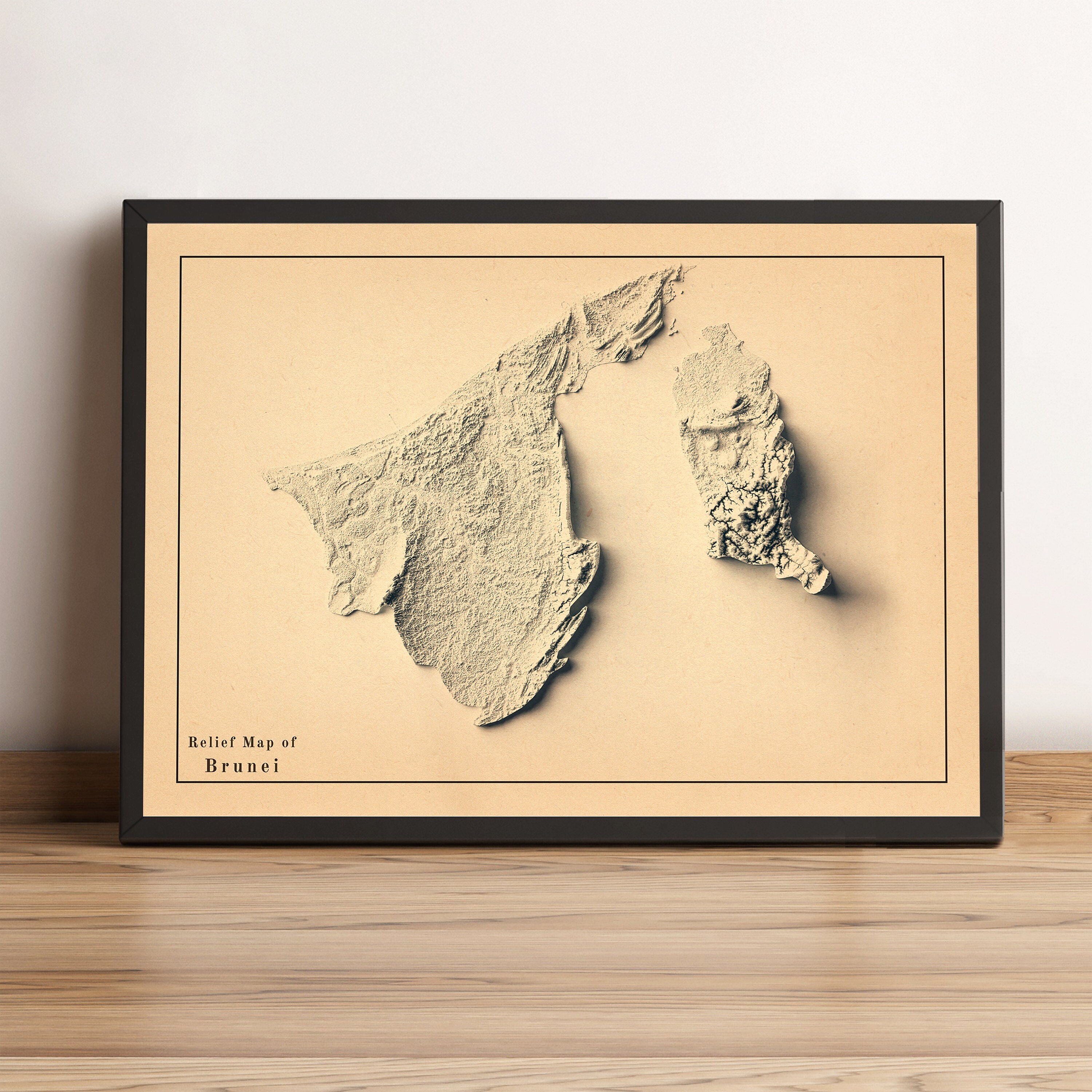Brunei Map, Brunei 2D Relief Map, Brunei Vintage Map, Brunei Poster ...