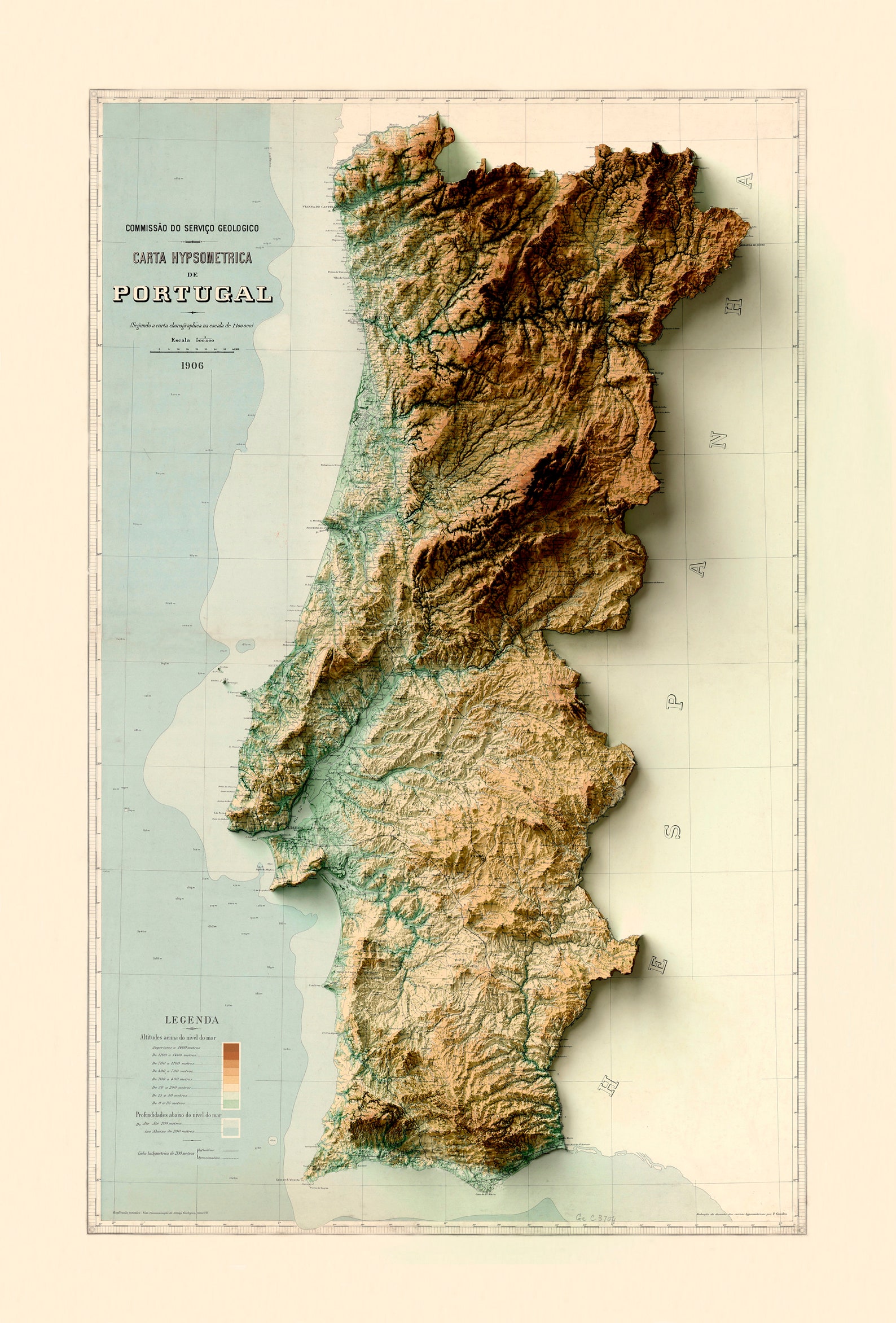 Portugal Map Portugal 2D Relief Map Portugal Vintage Map - Etsy