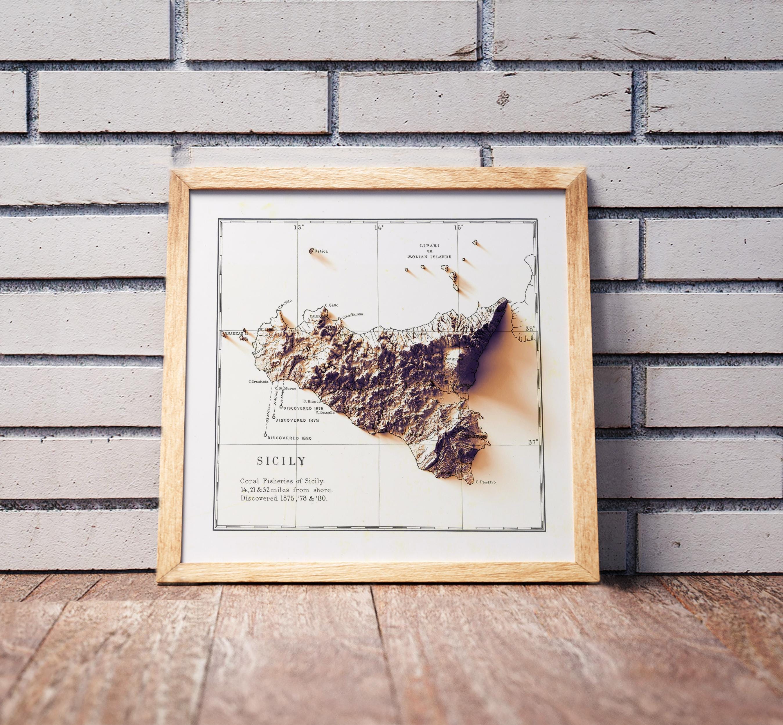 Sicily Map, Sicilia Map, Sicily 2D Relief Map, Sicily Vintage Map ...