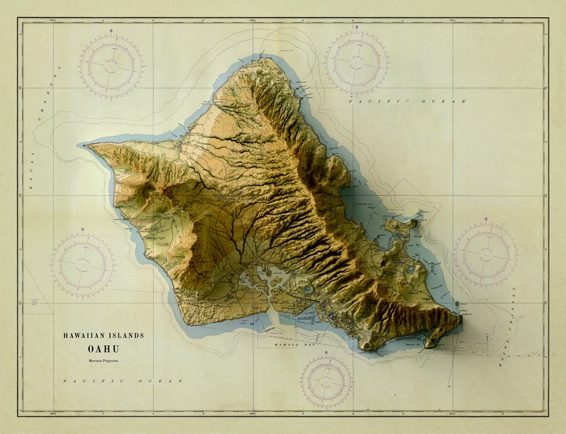 Oahu Map Hawaii Map Oahu Island Map Oahu 2D Relief Map - Etsy