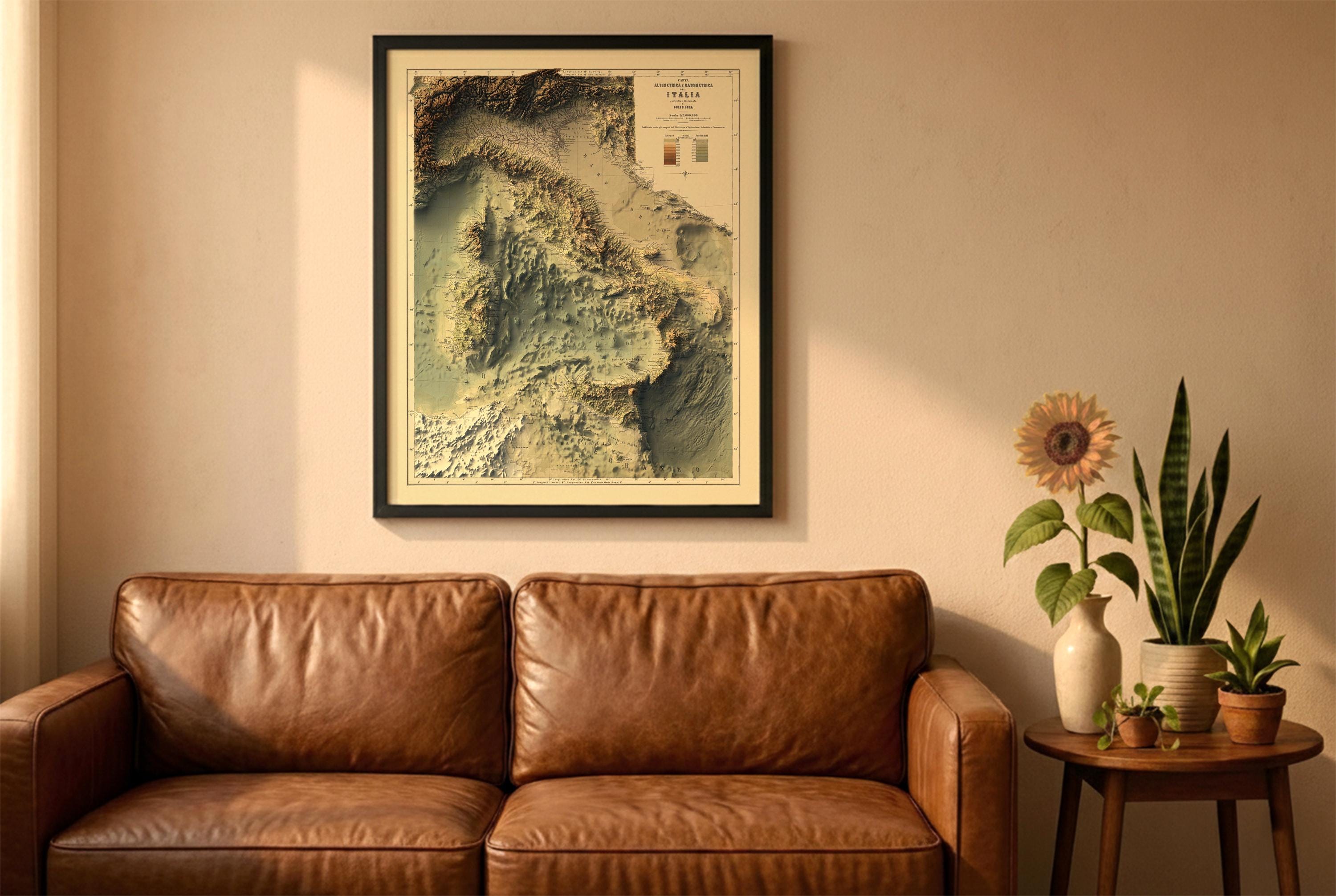 Italy Bathymetric Map, Italy 2D Relief Map, Italy Vintage Map, Italy ...