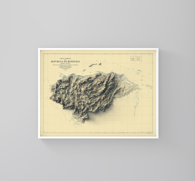 Honduras Map Honduras 2D Relief Map Honduras Vintage Map - Etsy