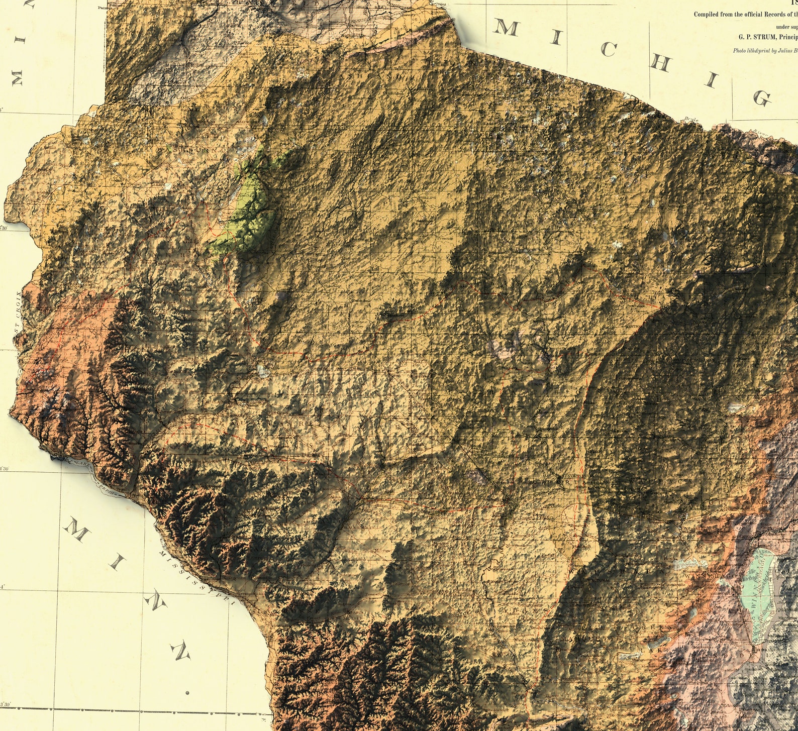 Wisconsin Map Wisconsin 2D Relief Map Wisconsin Vintage Old - Etsy