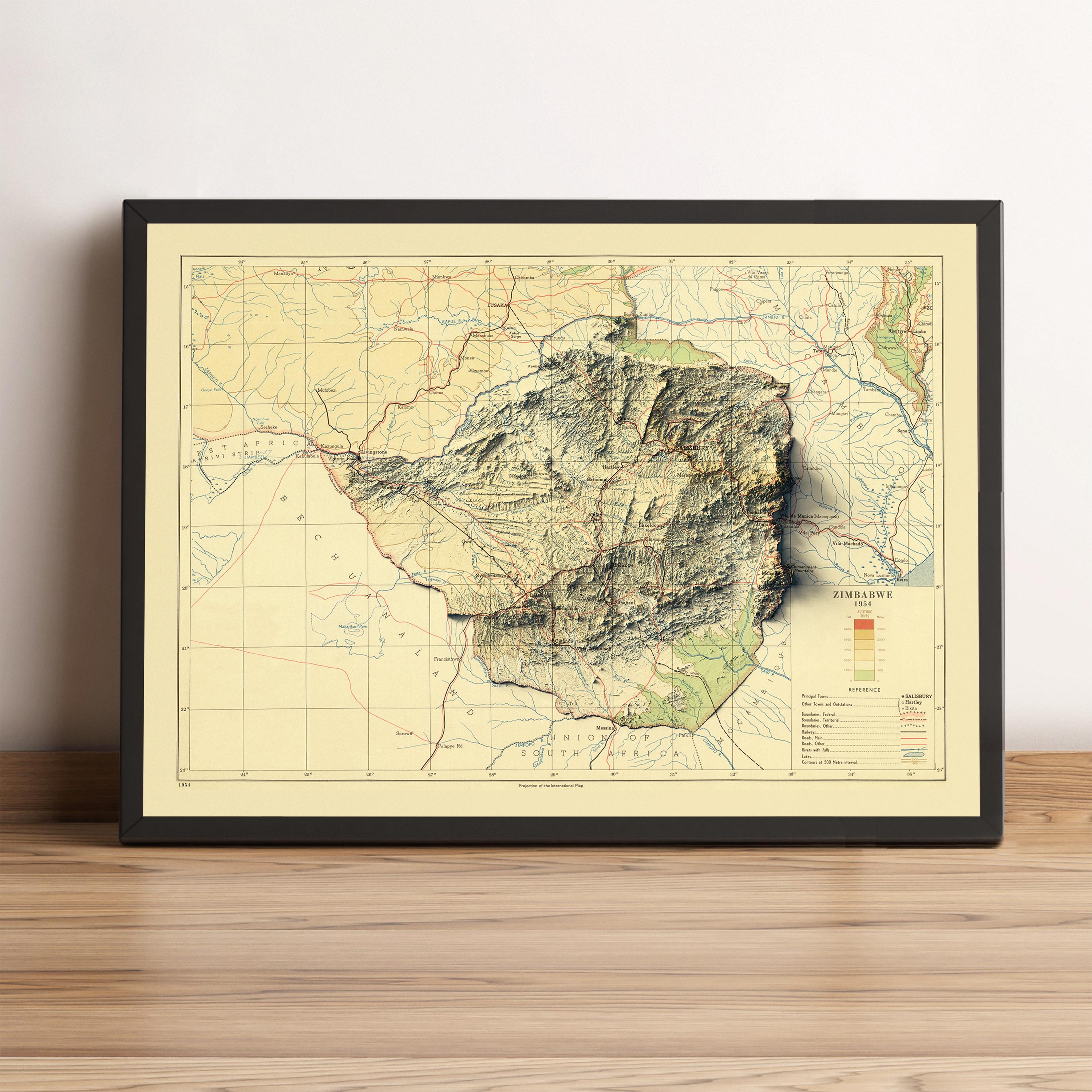Zimbabwe Map, Zimbabwe 2D Relief Map, Zimbabwe Vintage Poster, Zimbabwe ...