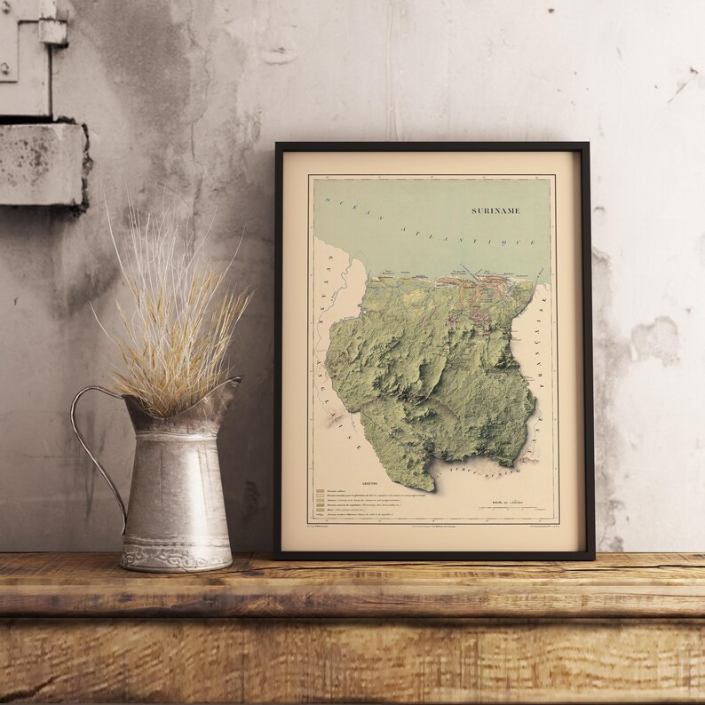 Suriname Map, Suriname 2D Relief Map, Suriname Vintage Map, Suriname ...