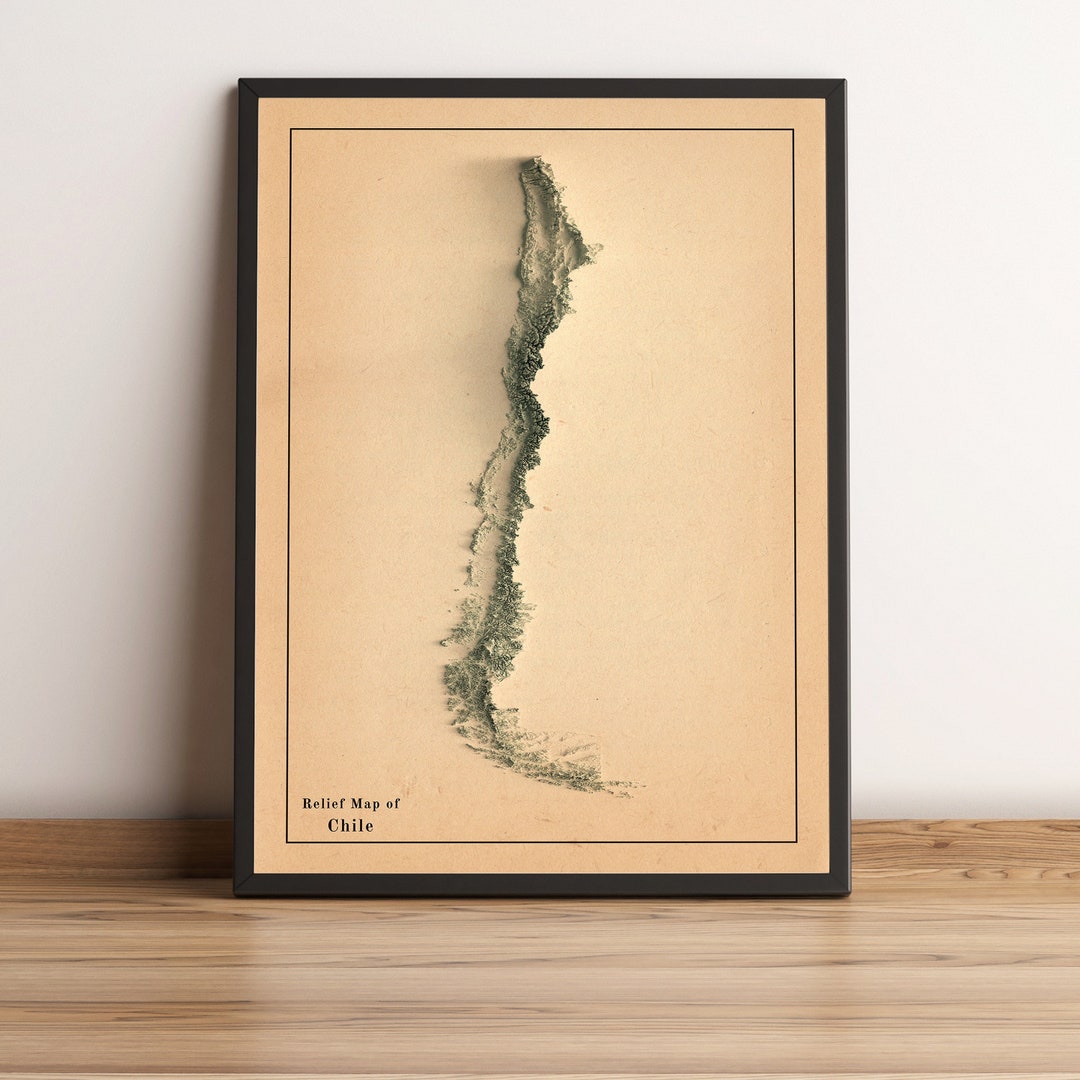 Chile Map, Chile 2D Relief Map, Chile Vintage Map, Chile Poster, Chile ...